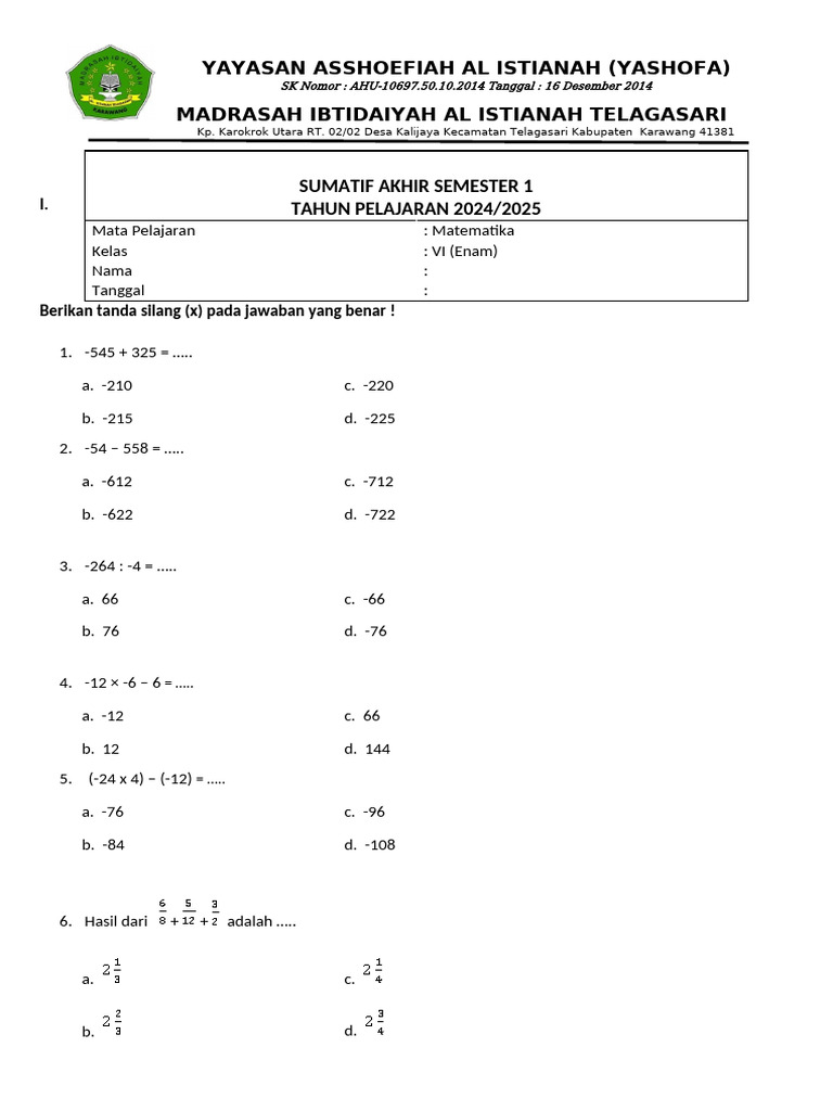 Soal Sas MTK KLS 6 | PDF
