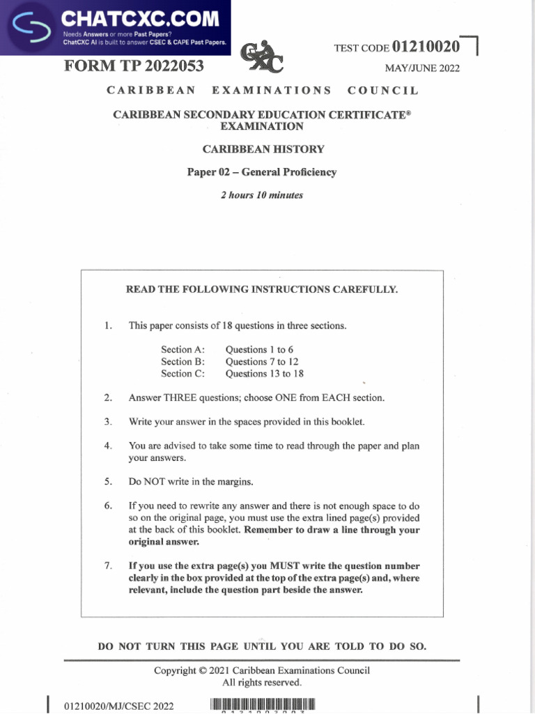 CSEC Caribbean History P2 2022 | PDF
