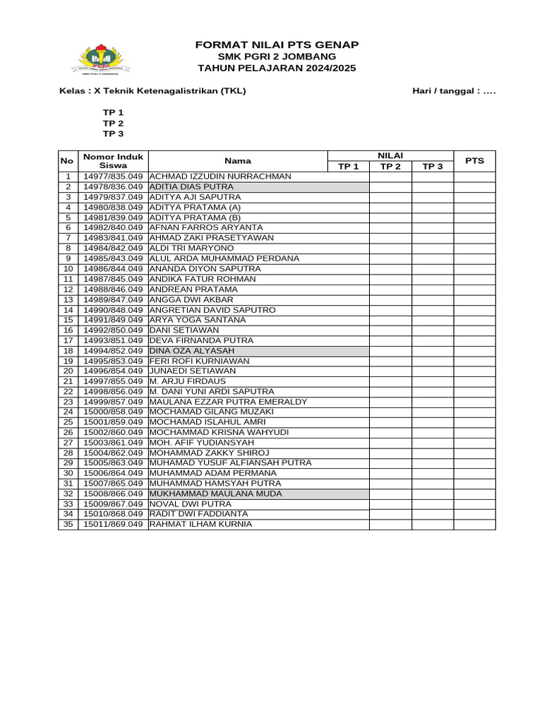 Format Nilai PTS Genap SMK PGRI 2 Jombang | PDF