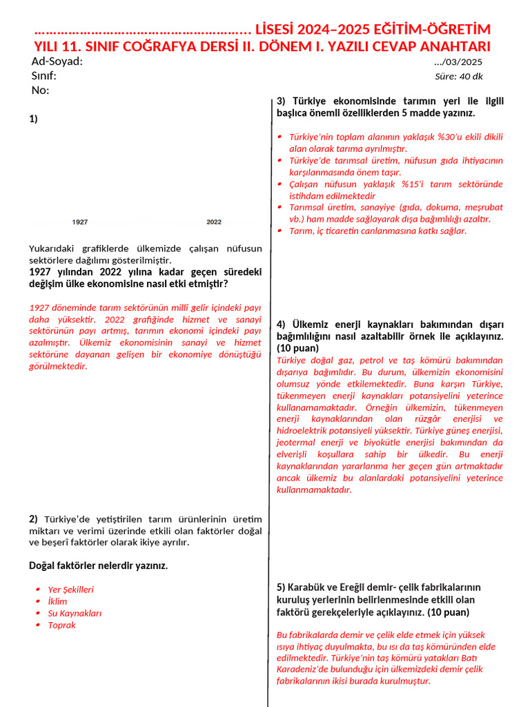 11 Sinif 2 Donem 1 Yazili Cevap Anahtari 2025 | PDF