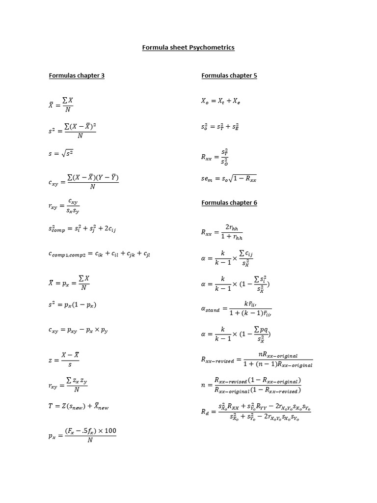 Psychometrics Formula Sheet | PDF