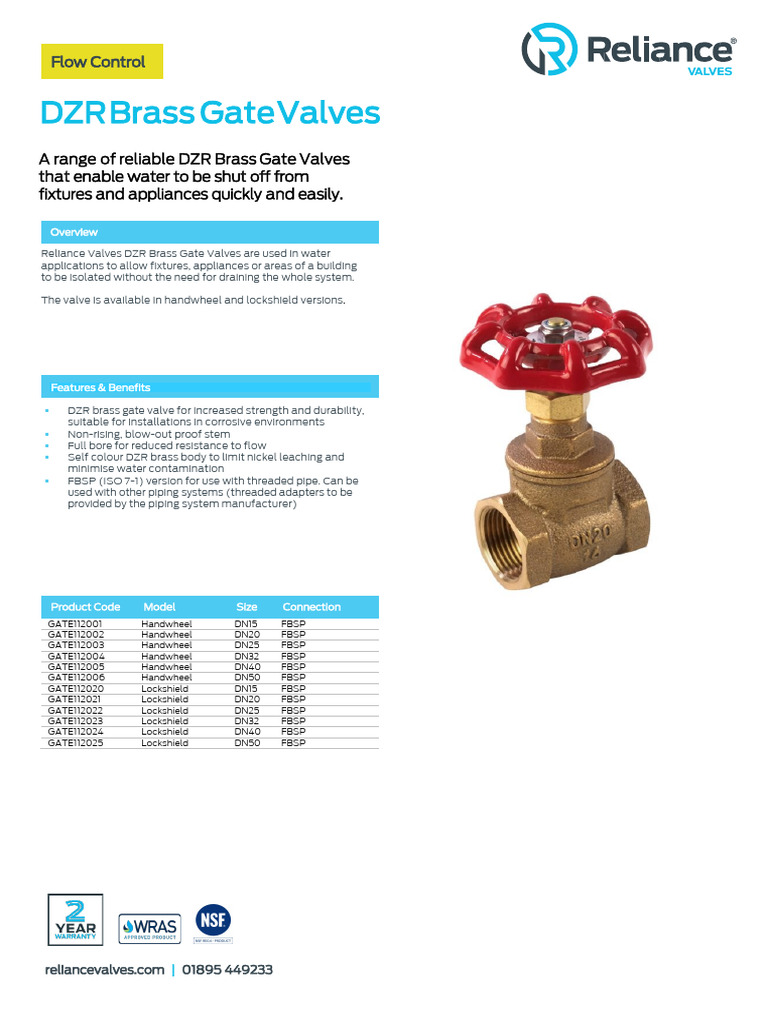 DZR Brass Gate Valve Data Sheet | PDF | Valve | Brass
