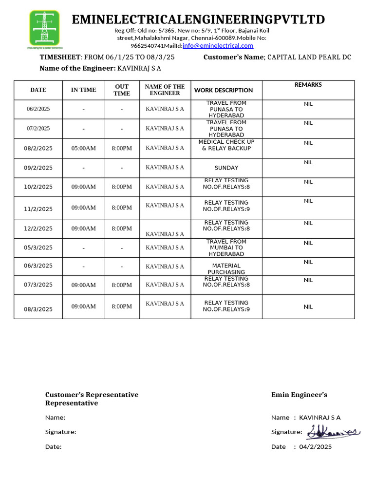 Kavinraj S A Timesheet Capital Land Pearl DC Hyd | PDF