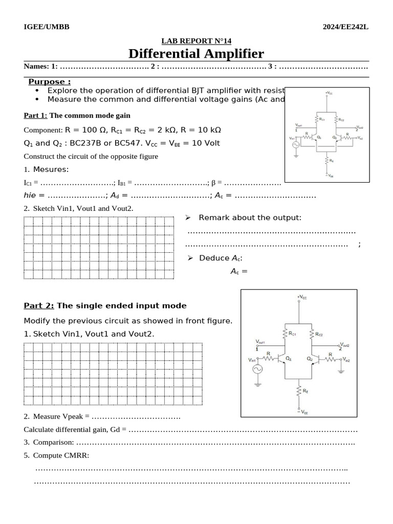 Differential Amplifier Lab Report 2024 | PDF