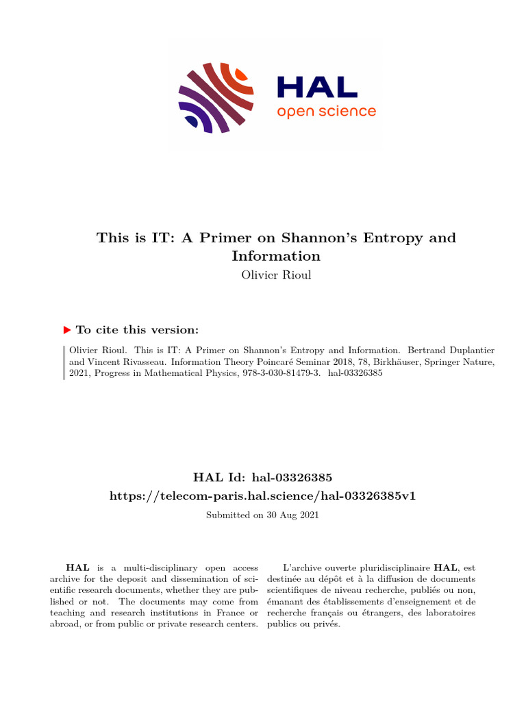A Primer on Shannon's Entropy and Information GOOD | PDF | Entropy | Bit