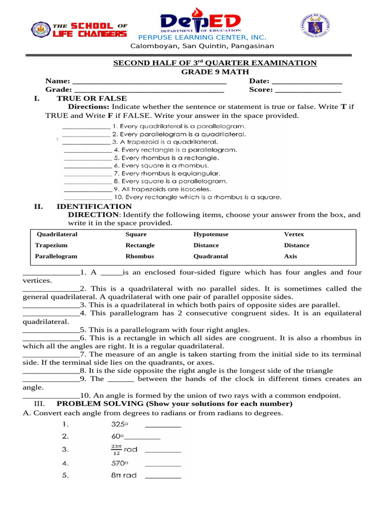 Second Half 3rd Quarter EXAM MATH 9 | PDF | Rectangle | Elementary Mathematics