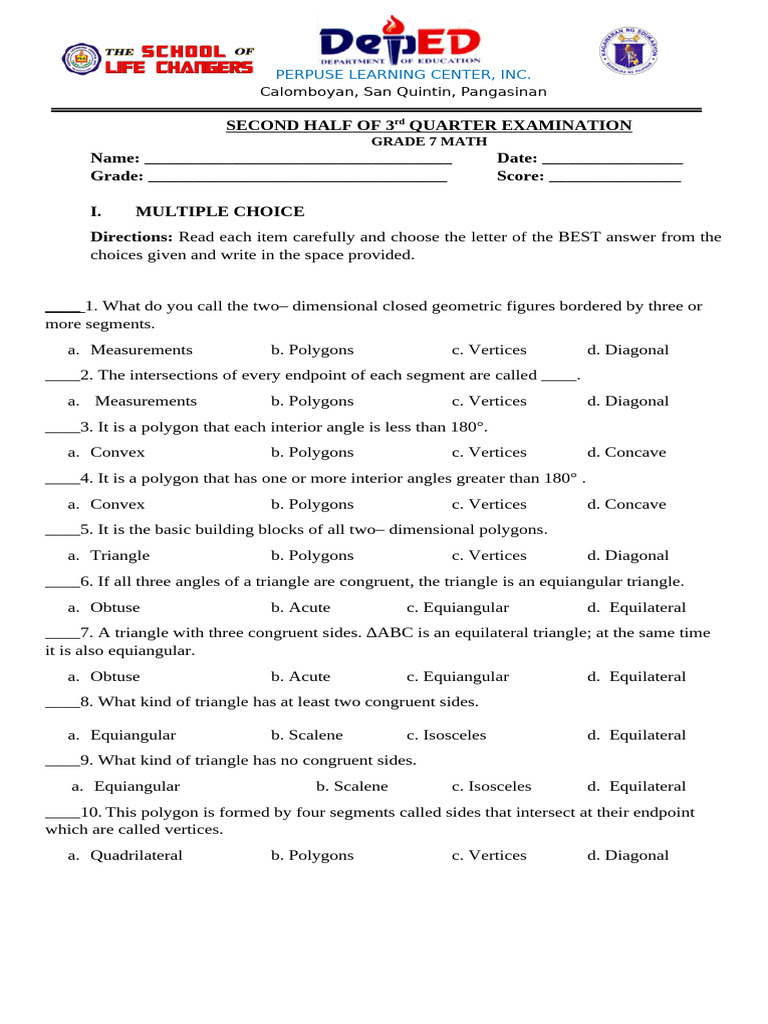 Second Half of 3rd Quarter EXAM MATH 7 | PDF | Triangle | Classical ...