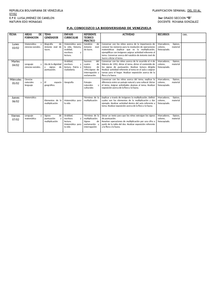 Planificación Semanal 3er Grado E.P.E. | PDF | Puntuación | Multiplicación