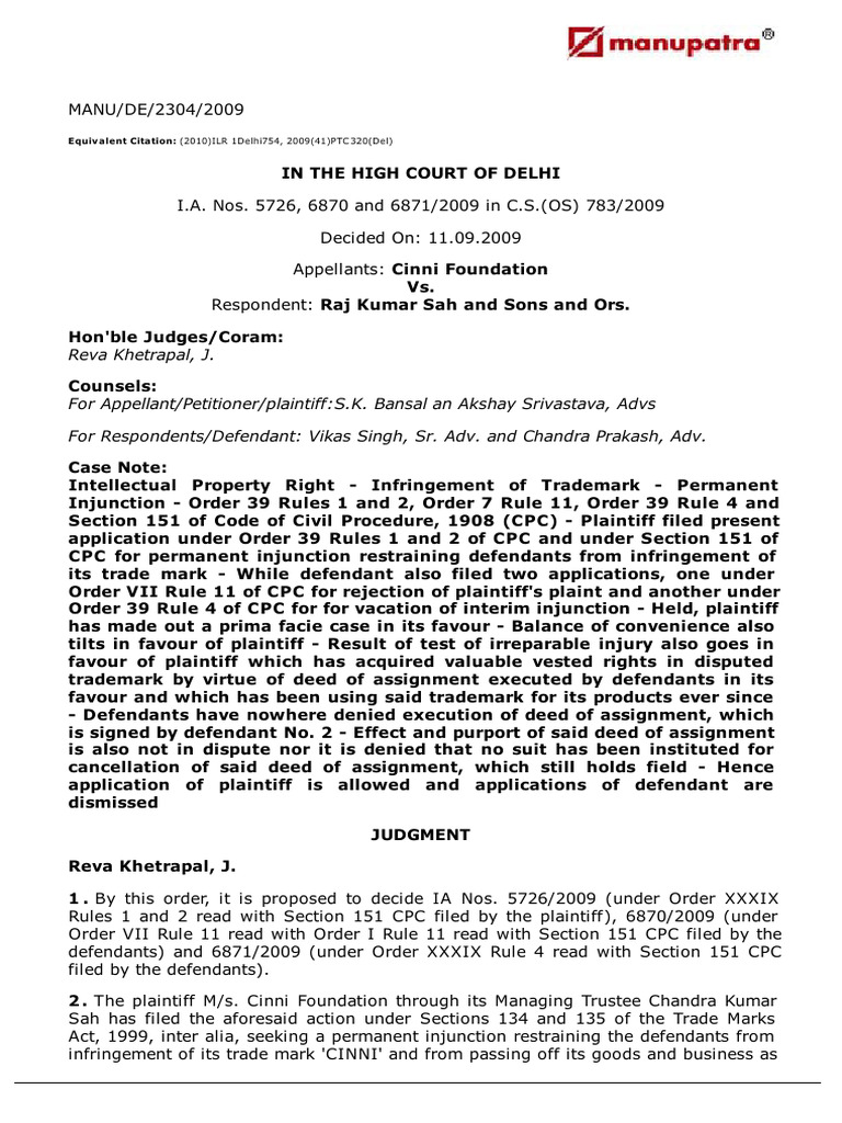 Cinni Foundation Vs Raj Kumar Sah | PDF | Trademark | Lawsuit