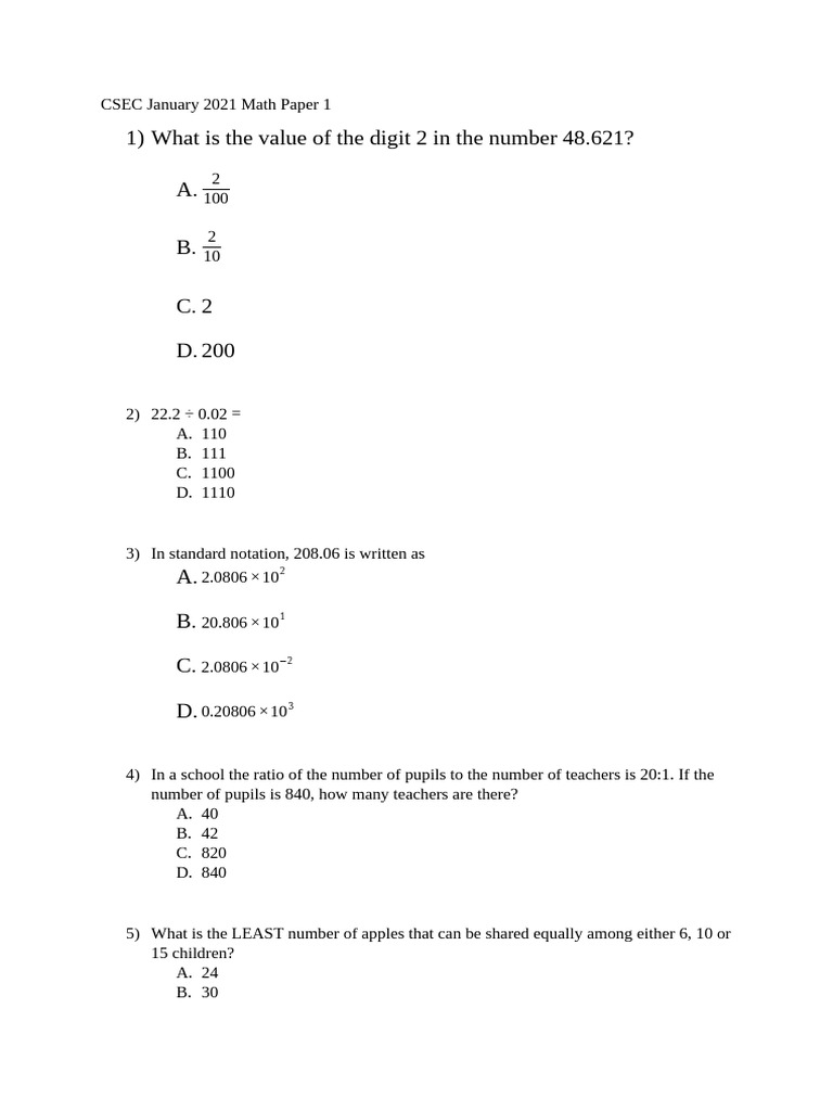CSEC January 2021 Mathematics Paper 1 | PDF | Function (Mathematics) | Area