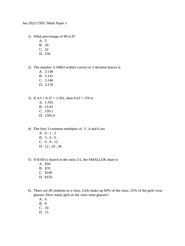 CSEC January 2022 Math Peper 1 | PDF | Elementary Mathematics ...