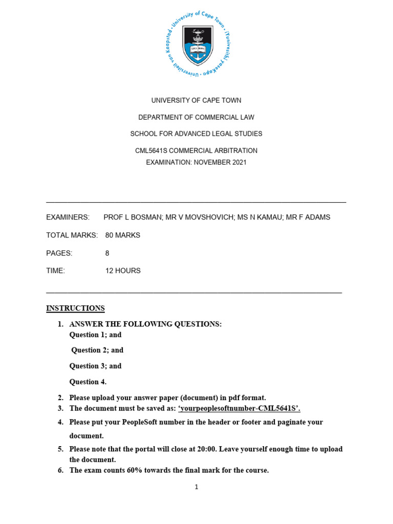 UCT Commercial Arbitration November Exam 2021 - Final | PDF ...