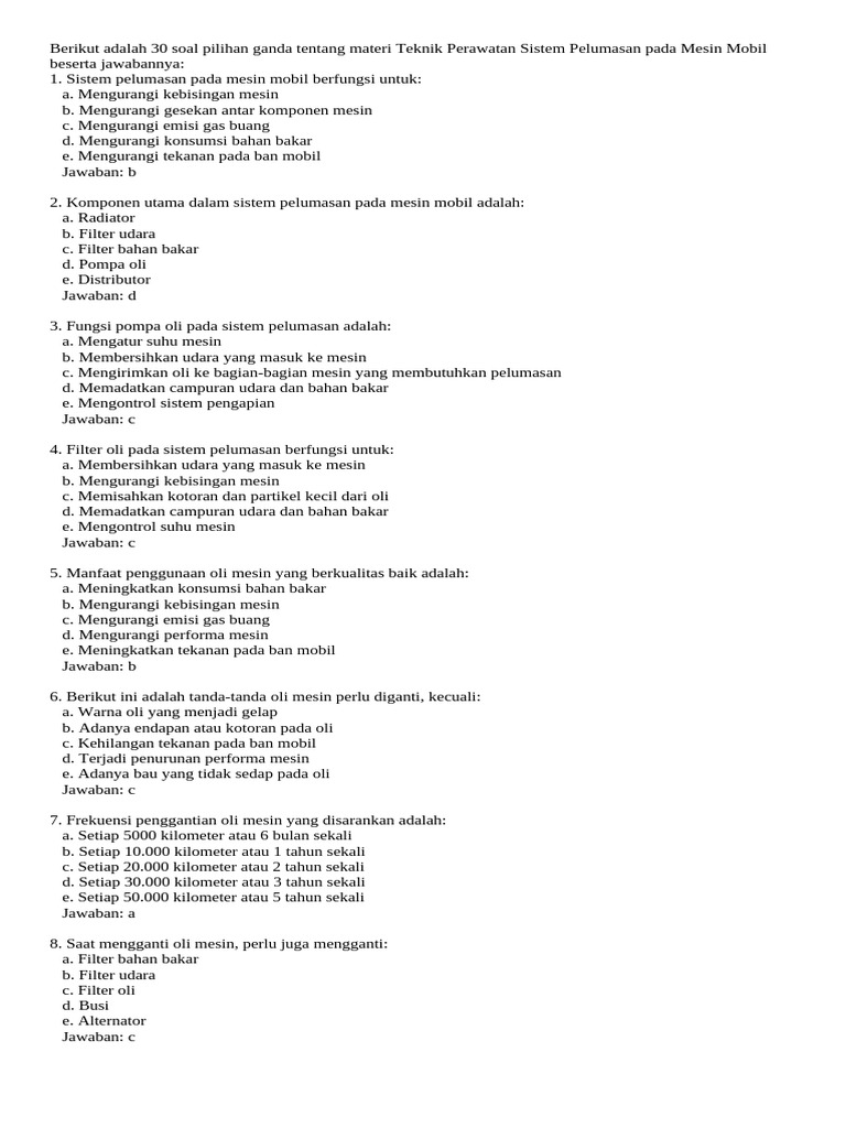 Berikut Adalah 30 Soal Pilihan Ganda Tentang Materi Teknik Perawatan Sistem Pelumasan Pada Mesin ...