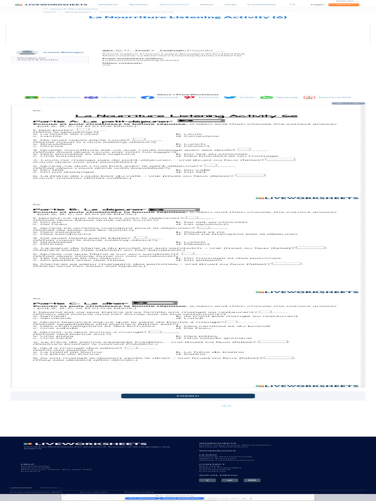 La Nourriture Listening Activity (6) Cassia Belanger | PDF