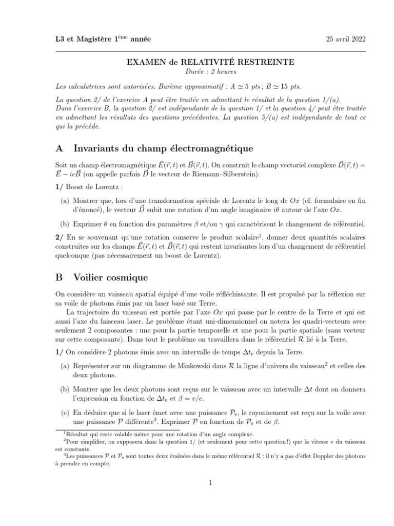 Examen de relativité restreinte L3 2022 | PDF | Relativité restreinte ...