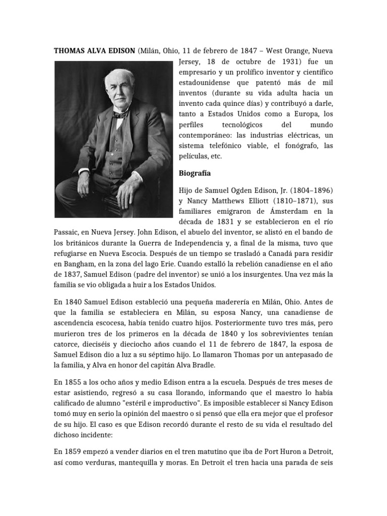 Thomas Alva Edison Biografia | PDF | Thomas Edison