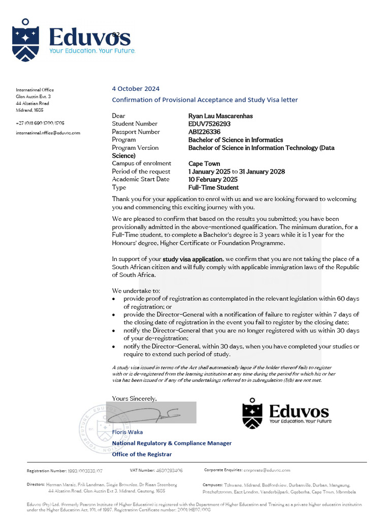 Eduvos Provisional Acceptance Letter | PDF | Academic Degree | Government And Personhood