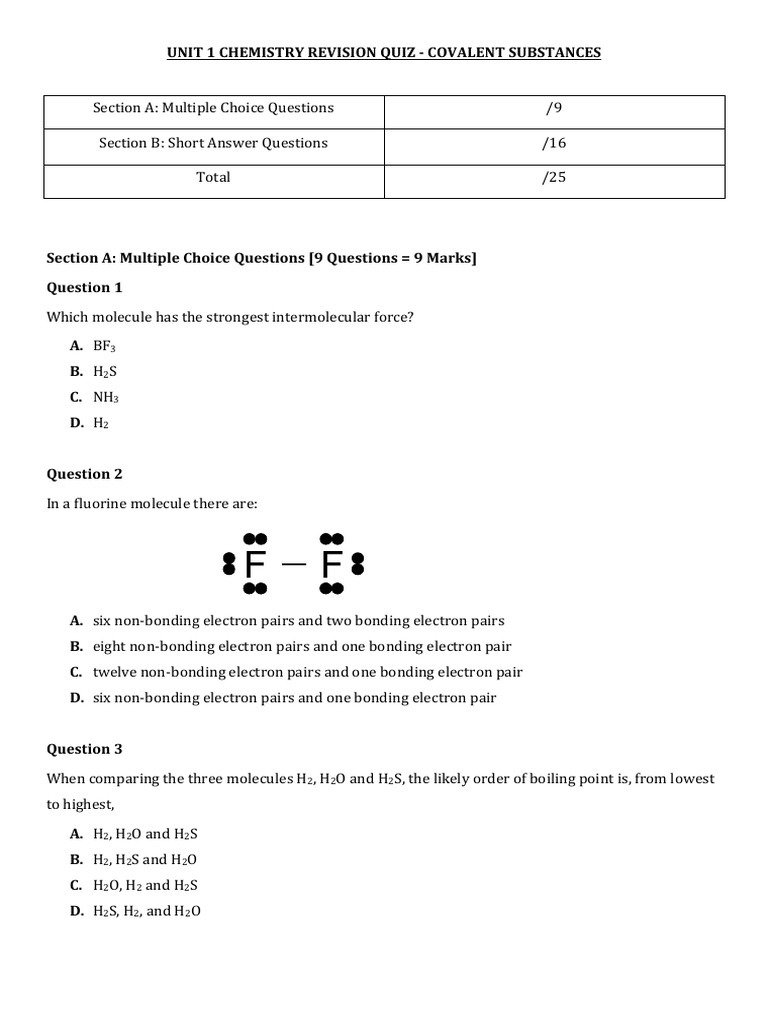 Revision Quiz - Covalent Substances | PDF | Chemical Polarity ...