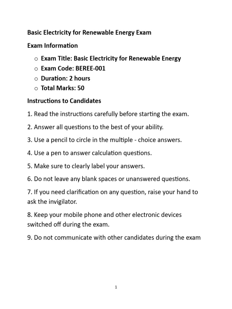 Basic Electricity For Renewable Energy Exam - AsessmentExam - 2025 ...