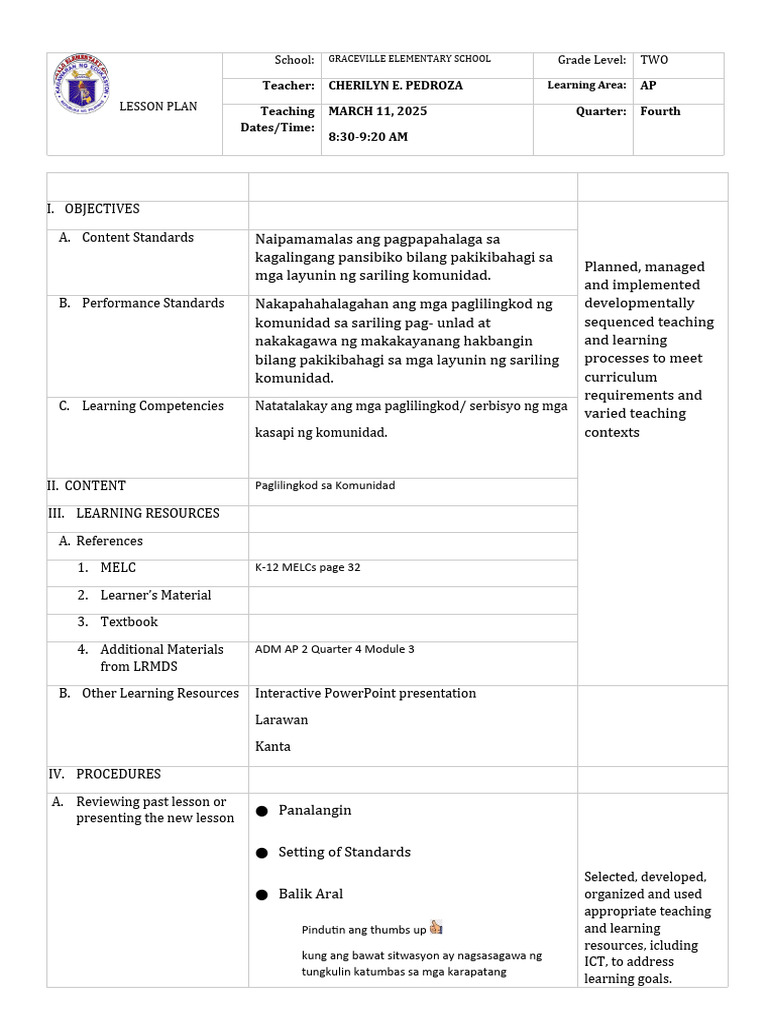 CHERILYN-AP2 - COT - Week5 - Q4-Paglilingkod Sa Komunidad | PDF