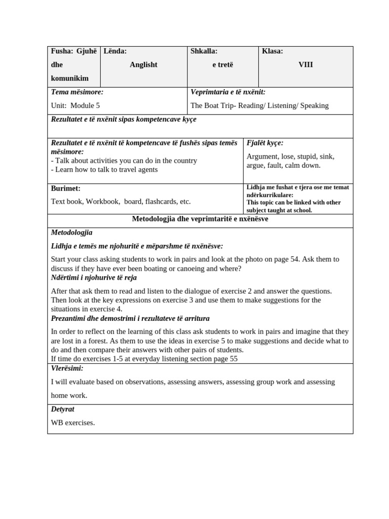 Boat Trip Lesson Plan for Grade 8 | PDF