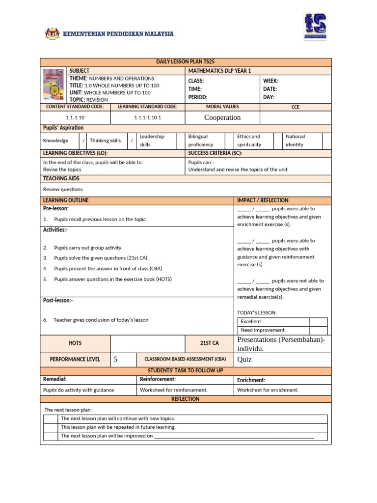 MT DLP Y1 TS25 (ULANGKAJI) (Week 36-39) | PDF | Lesson Plan | Teachers