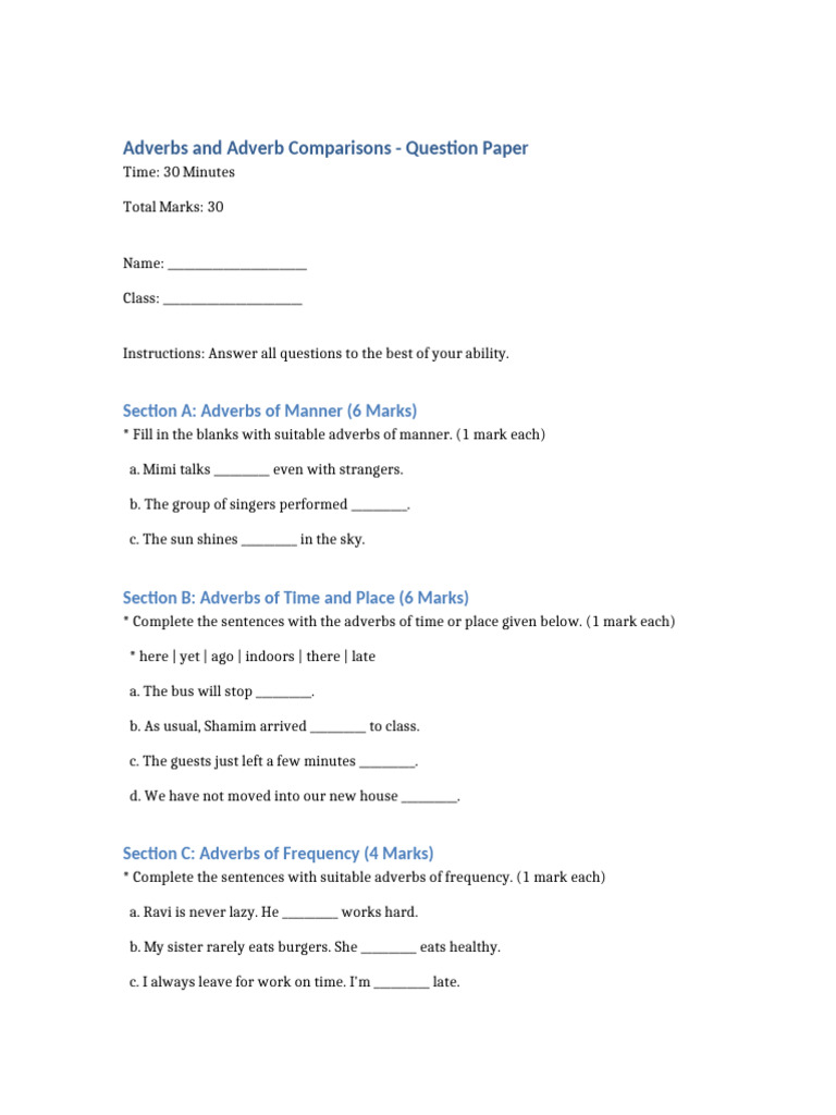 Adverbs Adverb Comparisons Question Paper | PDF | Adverb
