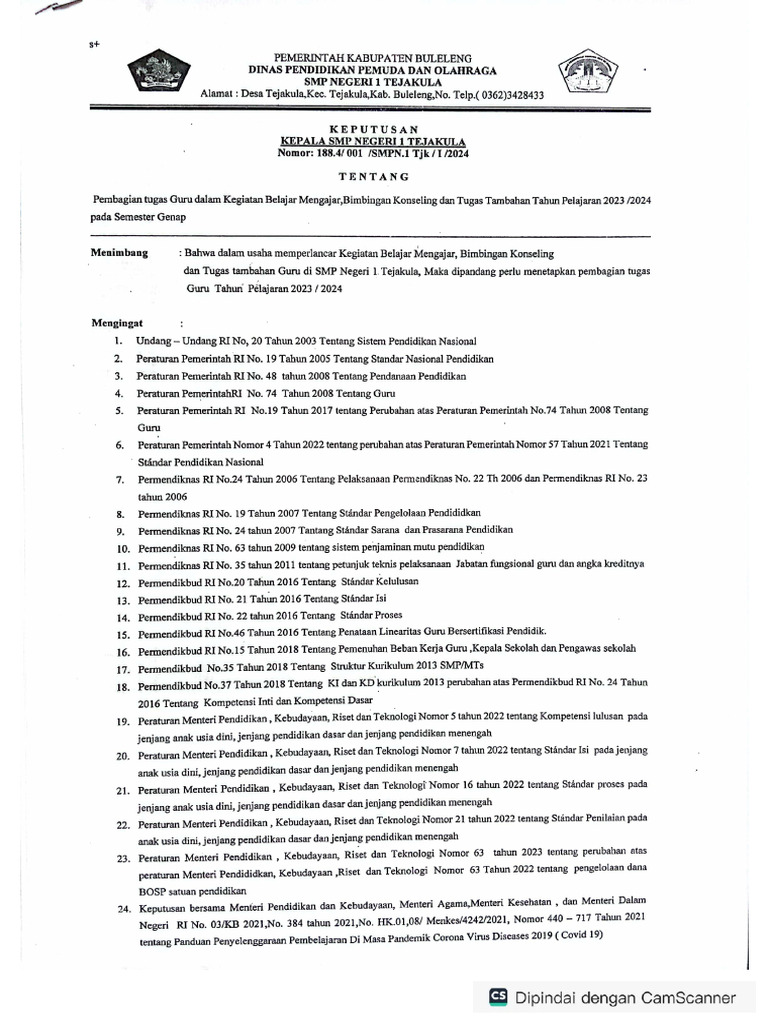 Surat Keputusan Kepala Sekolah SMP N 1 TEJAKULA | PDF