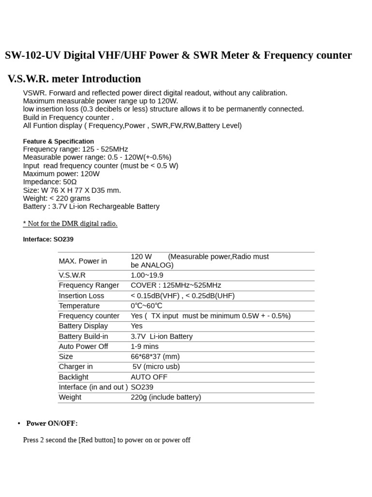 SW-102-UV Digital VHF/UHF Power & SWR Meter & Frequency Counter V.S.W.R ...