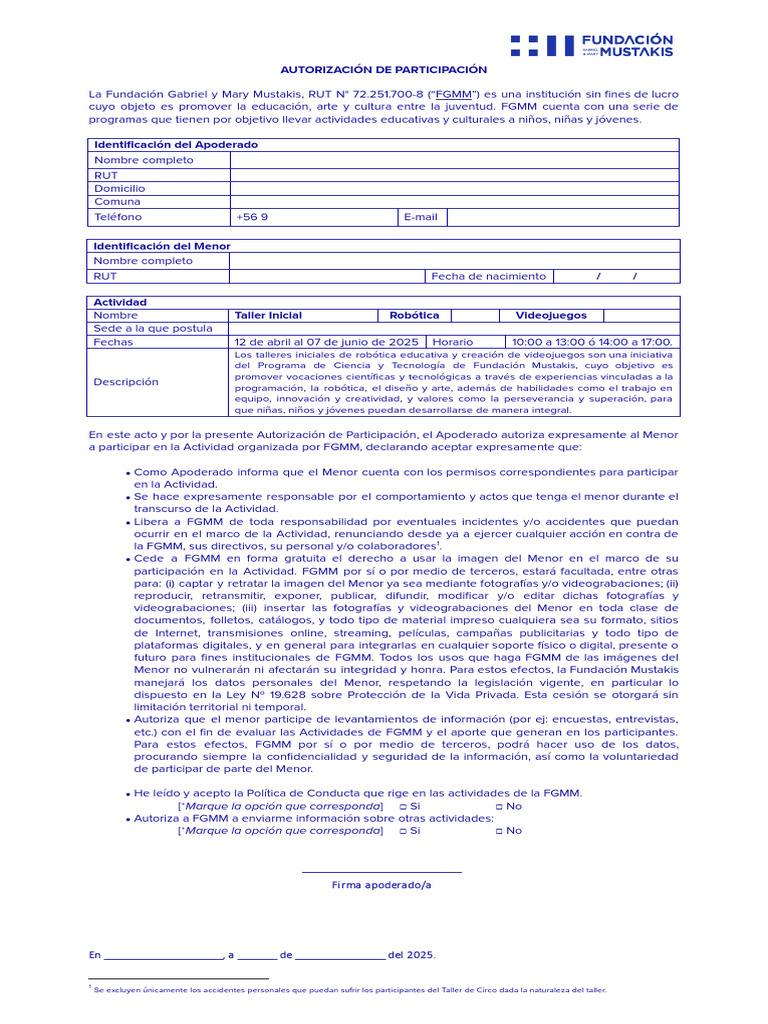 Carta de Autorizacion Apoderado 2025 Talleres Iniciales | PDF