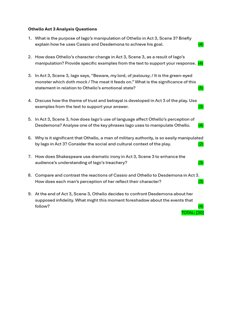 Othello Act 3 Analysis Questions | PDF