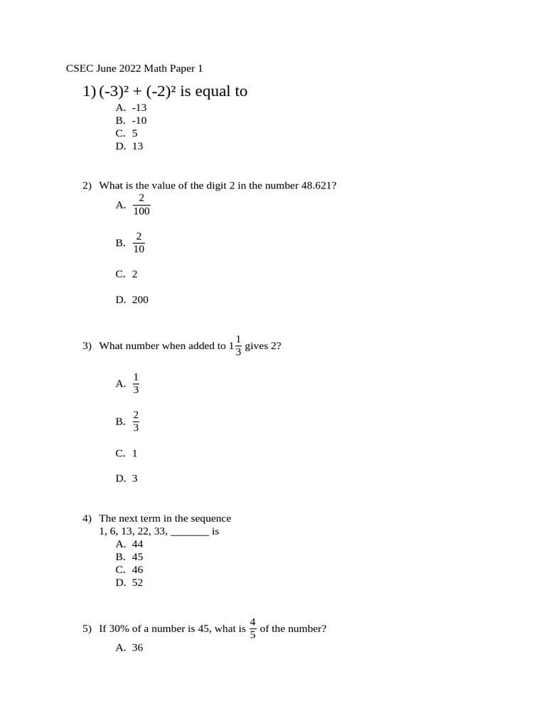 CSEC June 2022 Maths Paper 1 | PDF | Mathematics