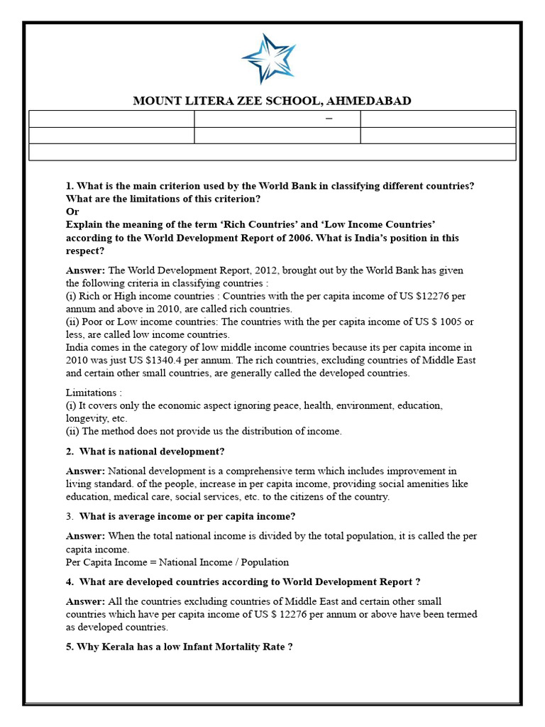 Eco, CH 1 Answer Key, 2025-26 | PDF | Human Development Index | Income