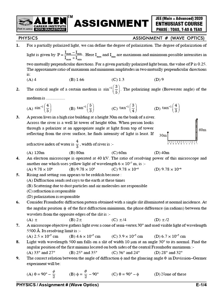 21 # Assignment (Wave Optics) - Student | PDF | Diffraction | Wavelength