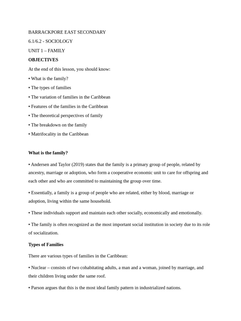 Sociology Family Notes - Unit 1 | PDF | Family | Marriage