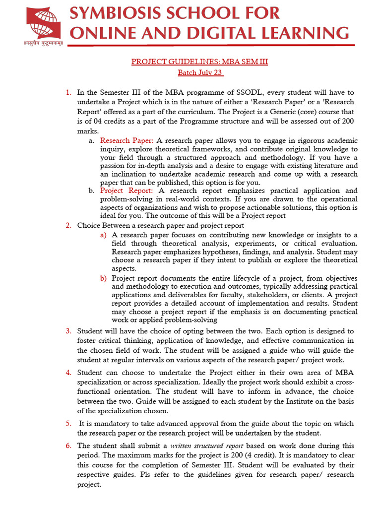 SSODL MBA Project Guidelines | PDF | Methodology | Evaluation