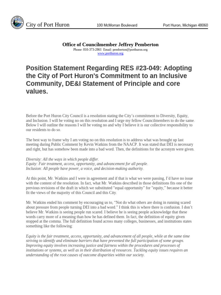 Pemberton DEI Position Statement, Port Huron City Council | PDF ...