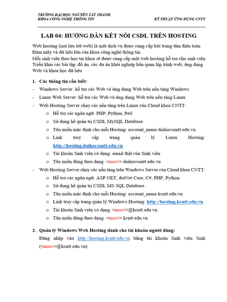 LAB 04- Hướng dẫn kết nối CSDL trên hosting | PDF