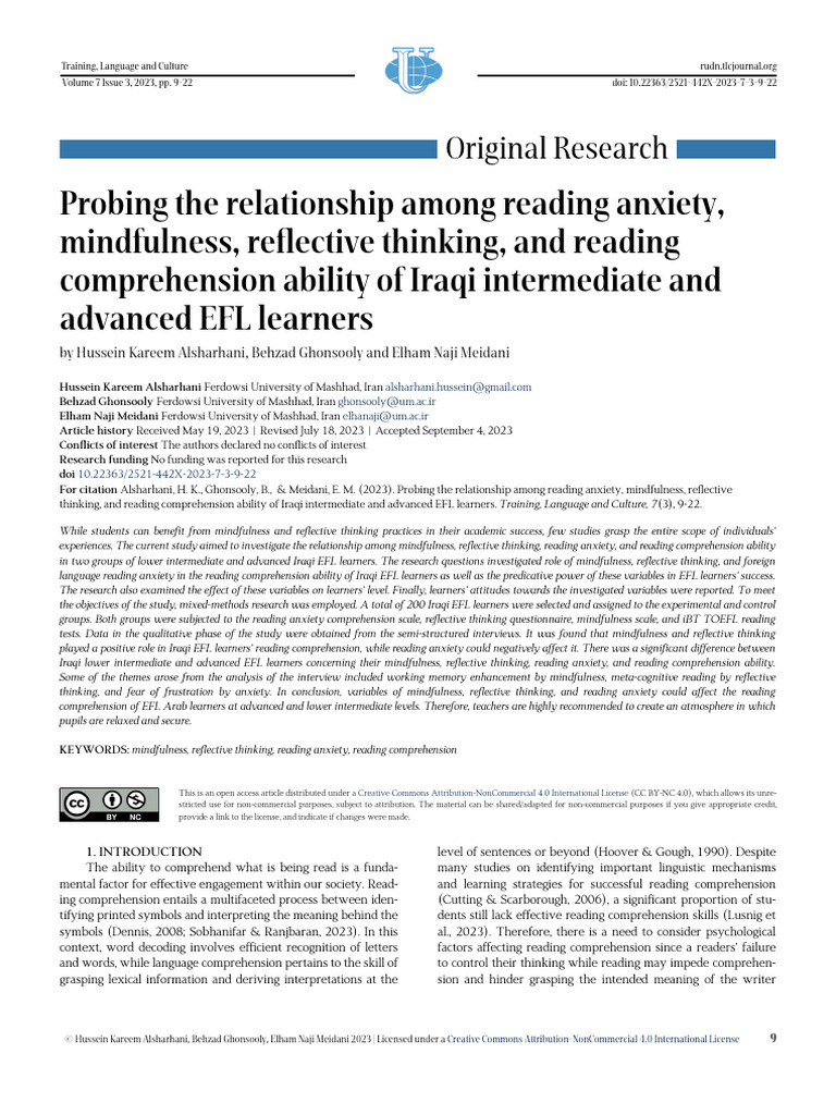 Probing The Relationship Among Reading Anxiety Mindfulness Reflective ...