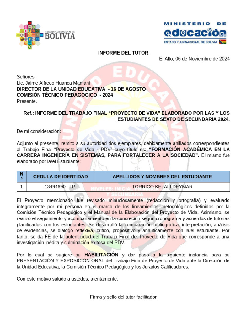 Informe Del Tutor Deymar | PDF
