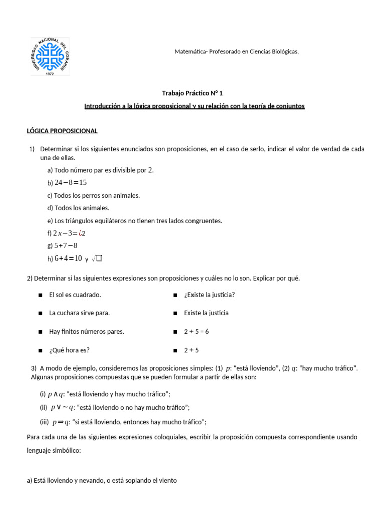 Trabajo Práctico #1 Introducción A La Lógica Proposicional y Su Relación Con La Teoría de ...