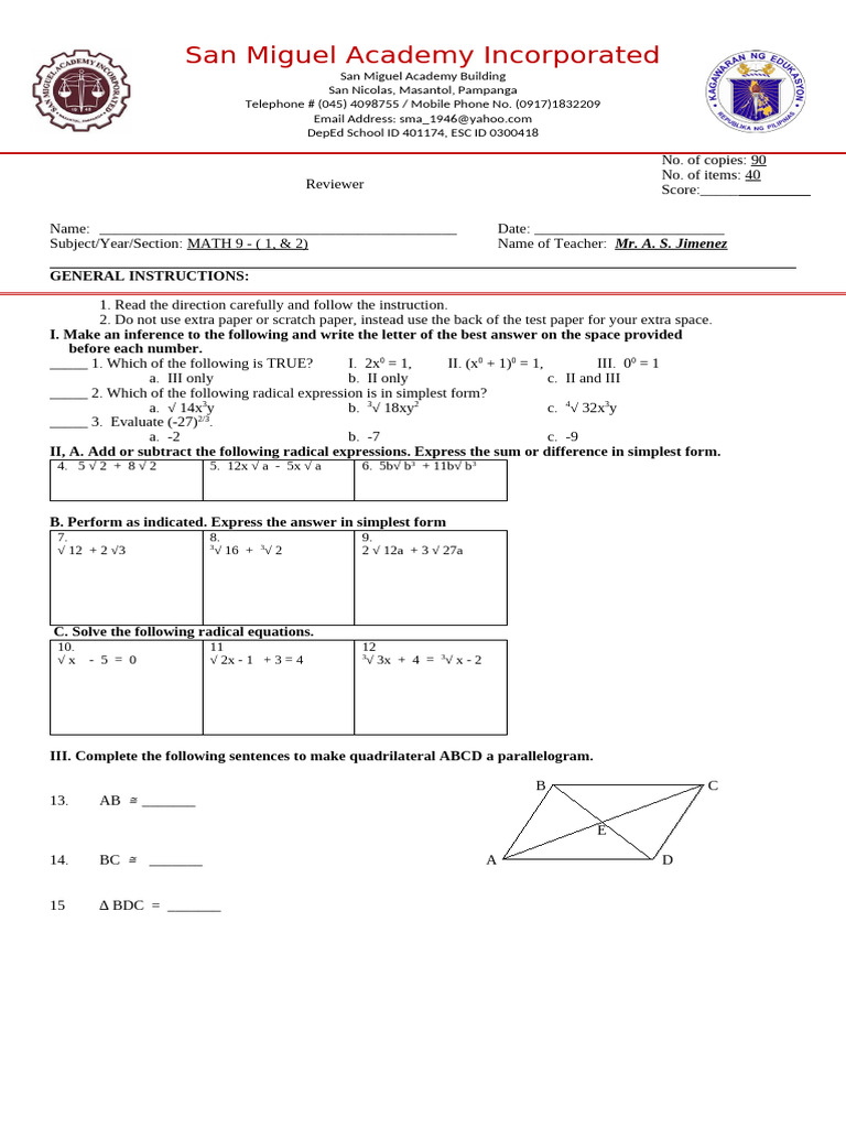 MATH 9 January 2025reviewer | PDF | Mathematics