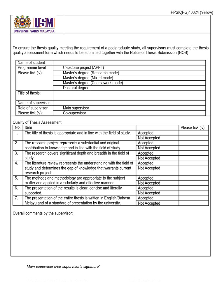 06 Thesis Quality Assessment Form by supervisor | PDF | Thesis | Academia