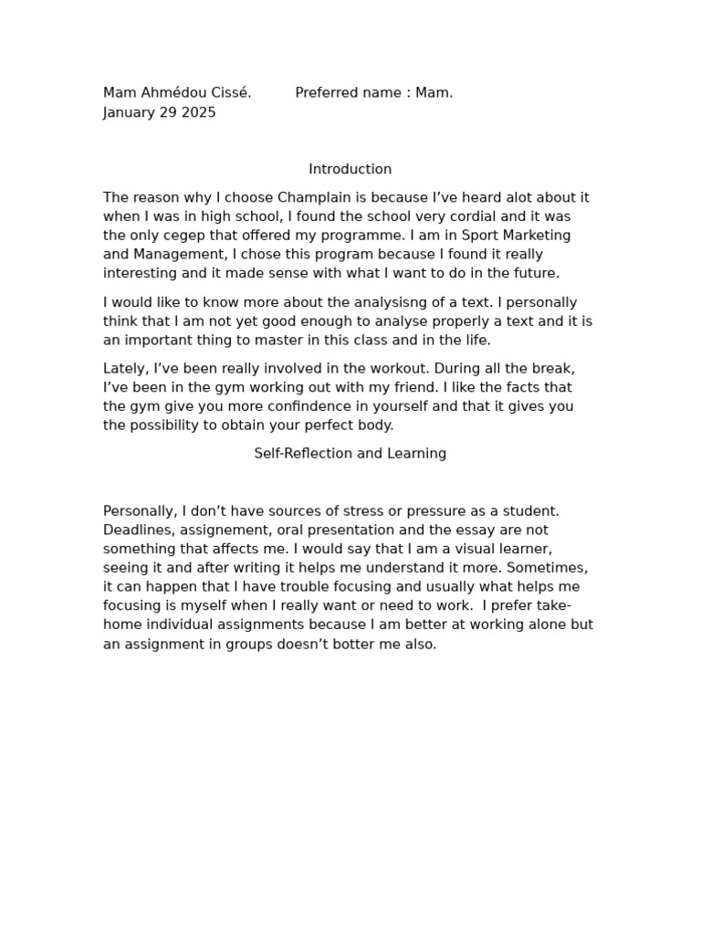 English Self Reflection Intro | PDF