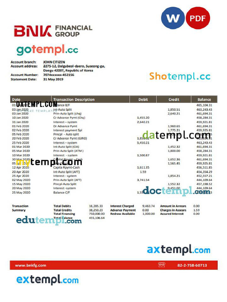Doctempl - South Korea BNK Bank Statement Template, Word and PDF Format (.Doc and PDF | PDF