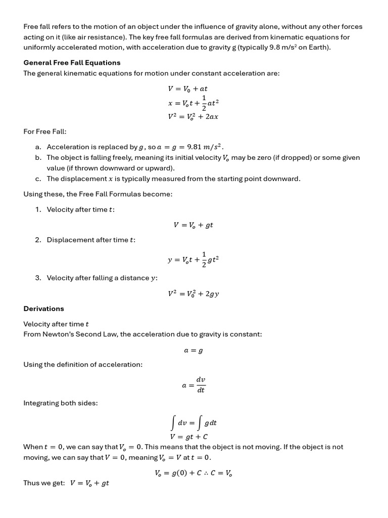 Free-Fall-Formulas-Edited | PDF | Acceleration | Velocity