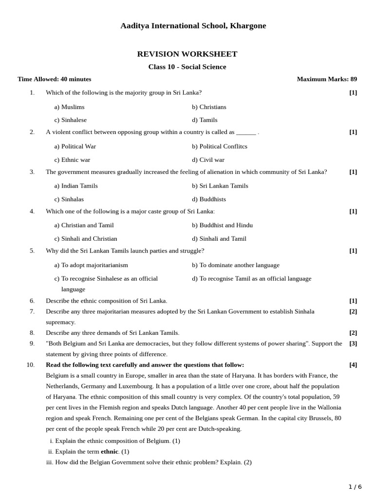Civics Chapter-1 Worksheet | PDF | Sri Lanka | Political Science