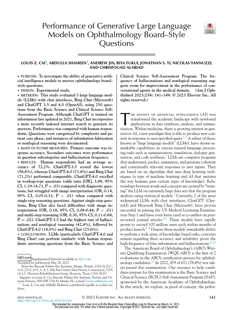 Performance of Generative Large Language Models On Ophthalmology Board ...