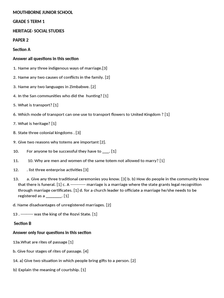 Grade 5 Heritage Social Studies Exam | PDF