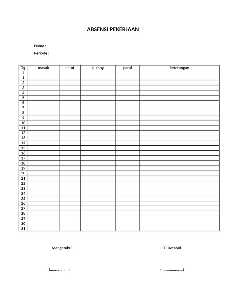 Formulir Absensi Pekerjaan Bulanan | PDF